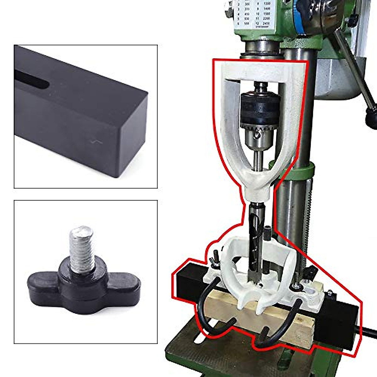 CHUNILLE Square Hole Chisel and Bit Machine Set, Mortising Kit Woodworking Bench Drill Joint Mortise Square Hole Drilling Set of Bench Drill with 4 Bits