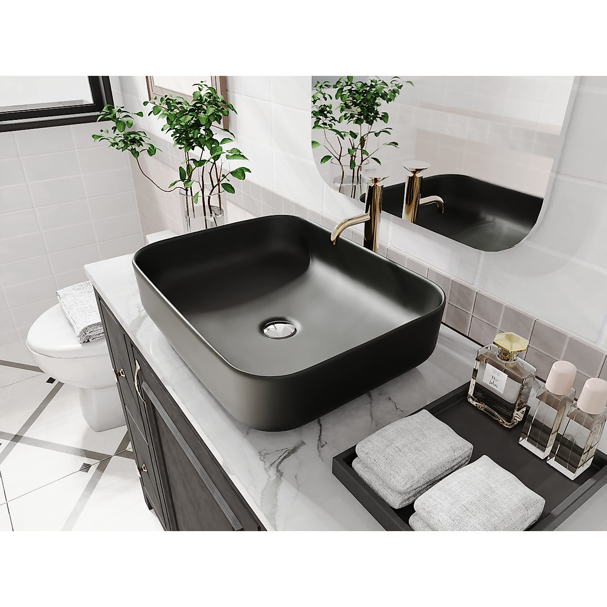 ELLAI Bathroom Vessel Sink Rectangle Bathroom Sink Bowl Above Counter Porcelain Ceramic Top Mount Rectanglar Sink Countertop Vanity Art Basin for Bathroom 19.7"x15.2"x5.4” Matte Black