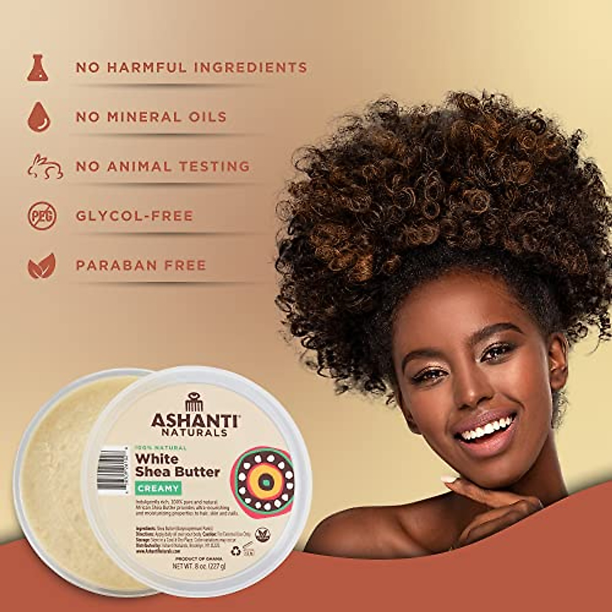 Ashanti Naturals White Whipped Raw Shea Butter | Unrefined African Shea Butter | Creamy Moisturizer for Easy Application - 8 oz