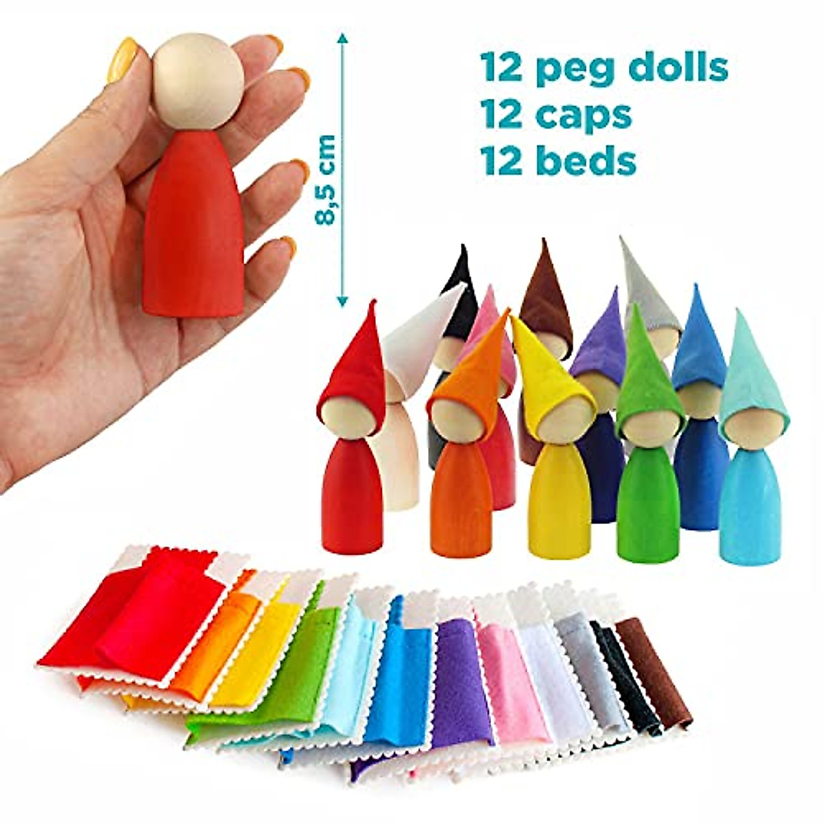 Ulanik Large Peg Dolls with Hats and Beds Toddler Montessori Toys for 3 Year Old + Wooden Waldorf Dolls for Learning Color Sorting and Counting — 12 Gnomes