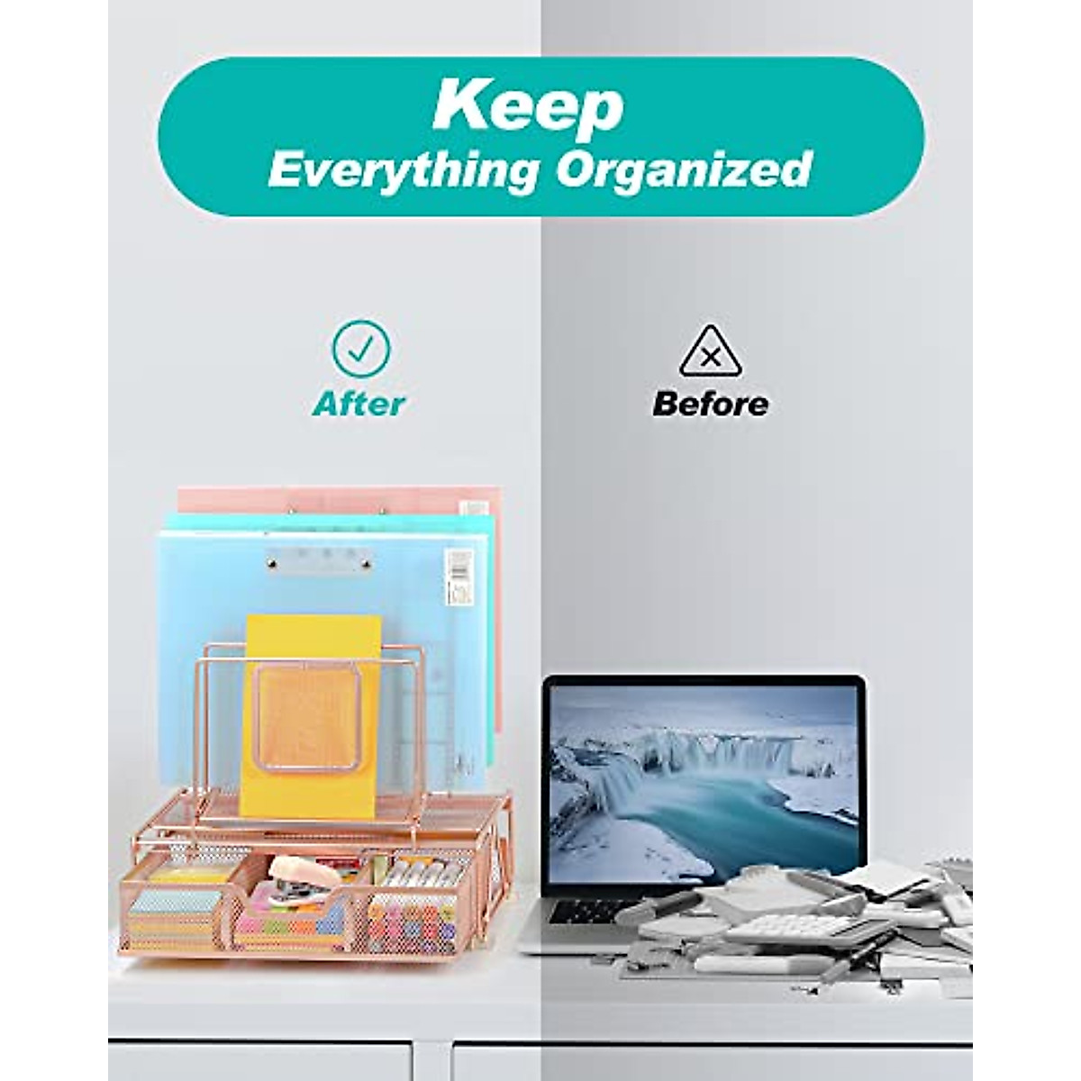 Beiz Rose Gold Desk Organizer and Accessories Storage with 5 Stacking File Folder Sorter, Paper Tray, Drawer, 60 Colorful Clips Set (Included), Desktop Organization for Women Office