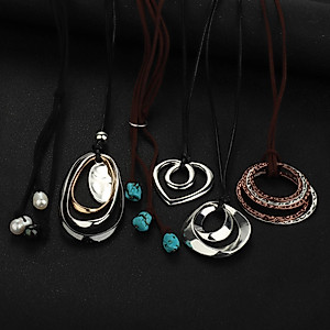 ORAZIO 6 Pcs Long Pendant Necklaces For Women Fashion Jewelry Simple Long Feather Leaf Heart Turquoise Costume Y Necklace Womens Statement Long Necklace Set Boho