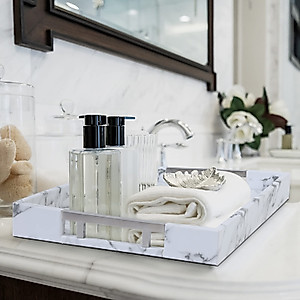 YAMILAN-17 x12 Serving Tray with Gold Polished Metal Handles,Decorative Tray for Coffee Table,Ottoman Tray for Living Room,Modern Elegant Rectangle Leather Trays for All Occasions/White Marble