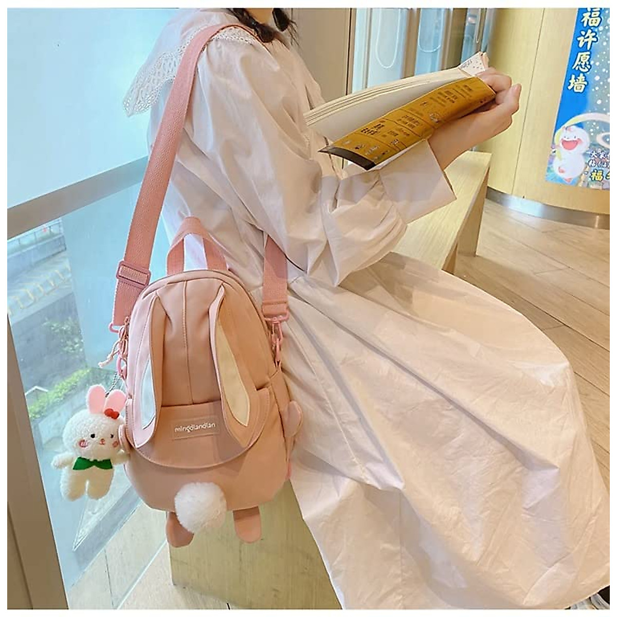 Hipi-shop Backpack for Women Kawaii Long-eared rabbit Backpack Fashion Preppy Style shoulder bag handbag crossbody bag (Pink)
