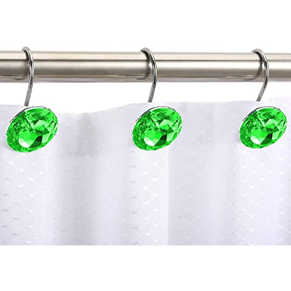 CHICTIE Green Shower Curtain Hooks Rings Diamond, Crystal Decorative Shower Curtain Hooks, Set of 12 Stainless Steel Rust-Proof Round Rhinestones Shower Rings Hangers for Bathroom