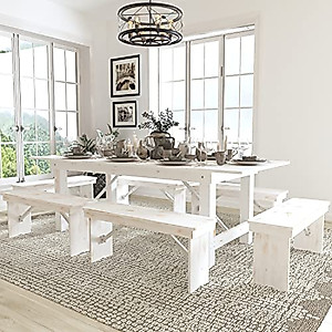 Flash Furniture HERCULES Series 8' x 40" Antique Rustic White Folding Farm Table and Six Bench Set