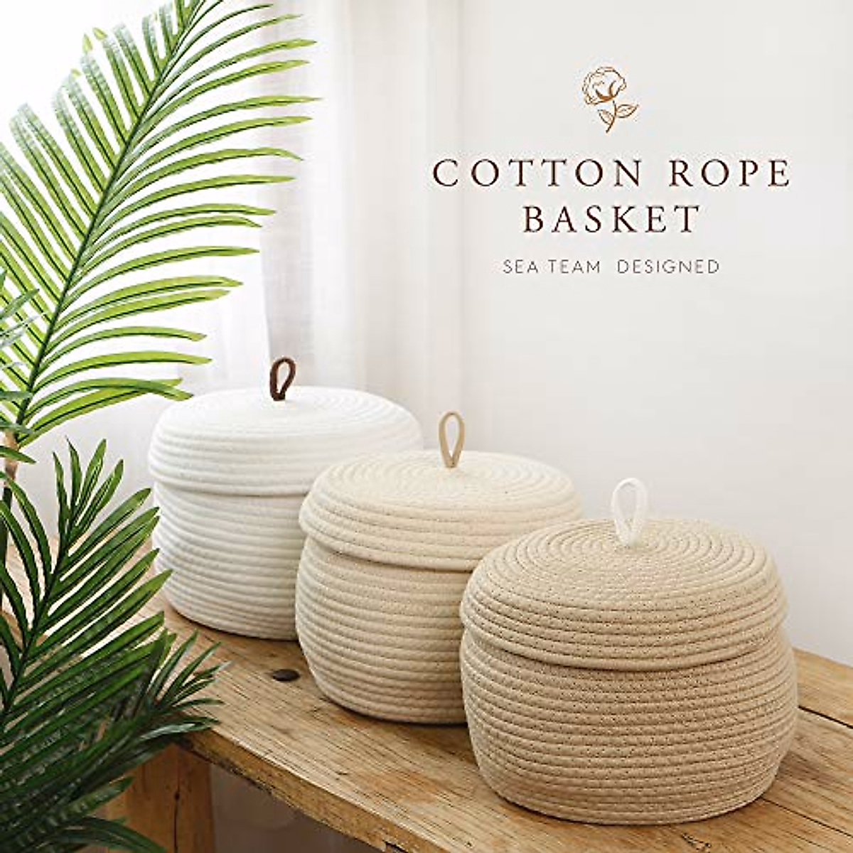 Sea Team Round Cotton Rope Storage Basket with Lid, Decorative Woven Storage Bin, Pot, Caddy, Organizer, Container for Snacks, Towels, Plants, 10 x 7.5 Inches (Small, Cream)