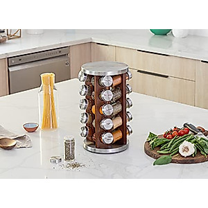 Orii 20 Jar Dark Acacia Wood Spice Rack with Spices Included - Rotating Tower Organizer for Kitchen Spices and Seasonings, Free Spice Refills for 5 Years (Dark Stained Acacia Wood)