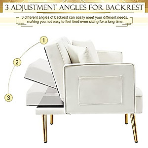 Obuvar Convertible Velvet Futon Sofa Bed, Upholstered Modern Sleeper Sofa with 2 Cup Holders, Modern Living Room Loveseat Couch with 3 Adjustable Angles and 6 Metal Legs, Off White (Line Backrest)