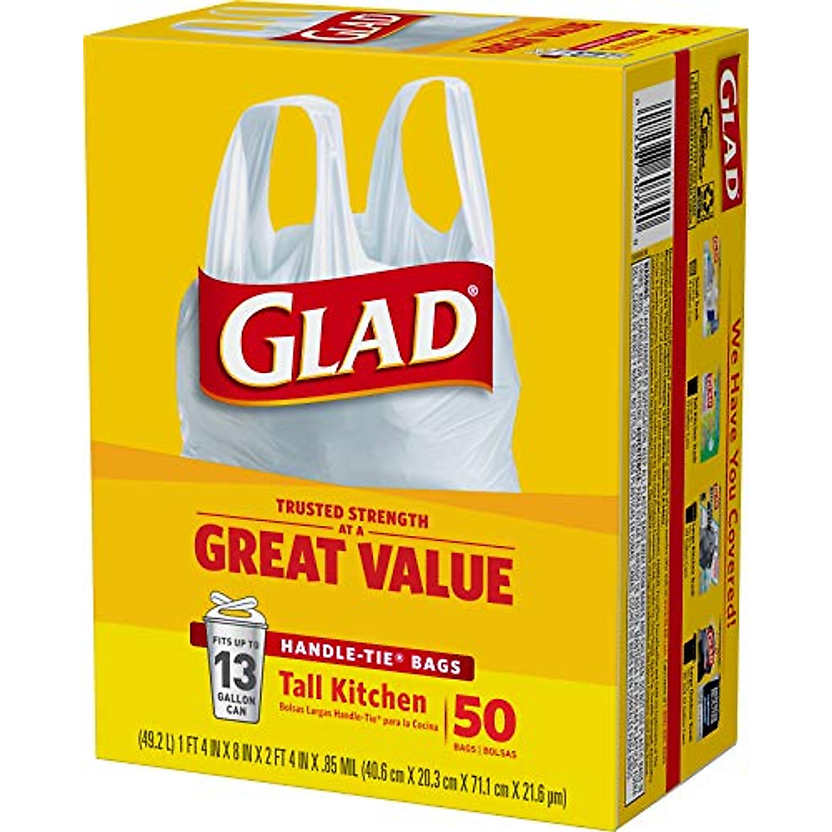 GLAD Tall Kitchen Trash Bags, 13 Gallon Handle Tie Trash Big for Kitchen, Unscented, 50 Count (Pack of 4)