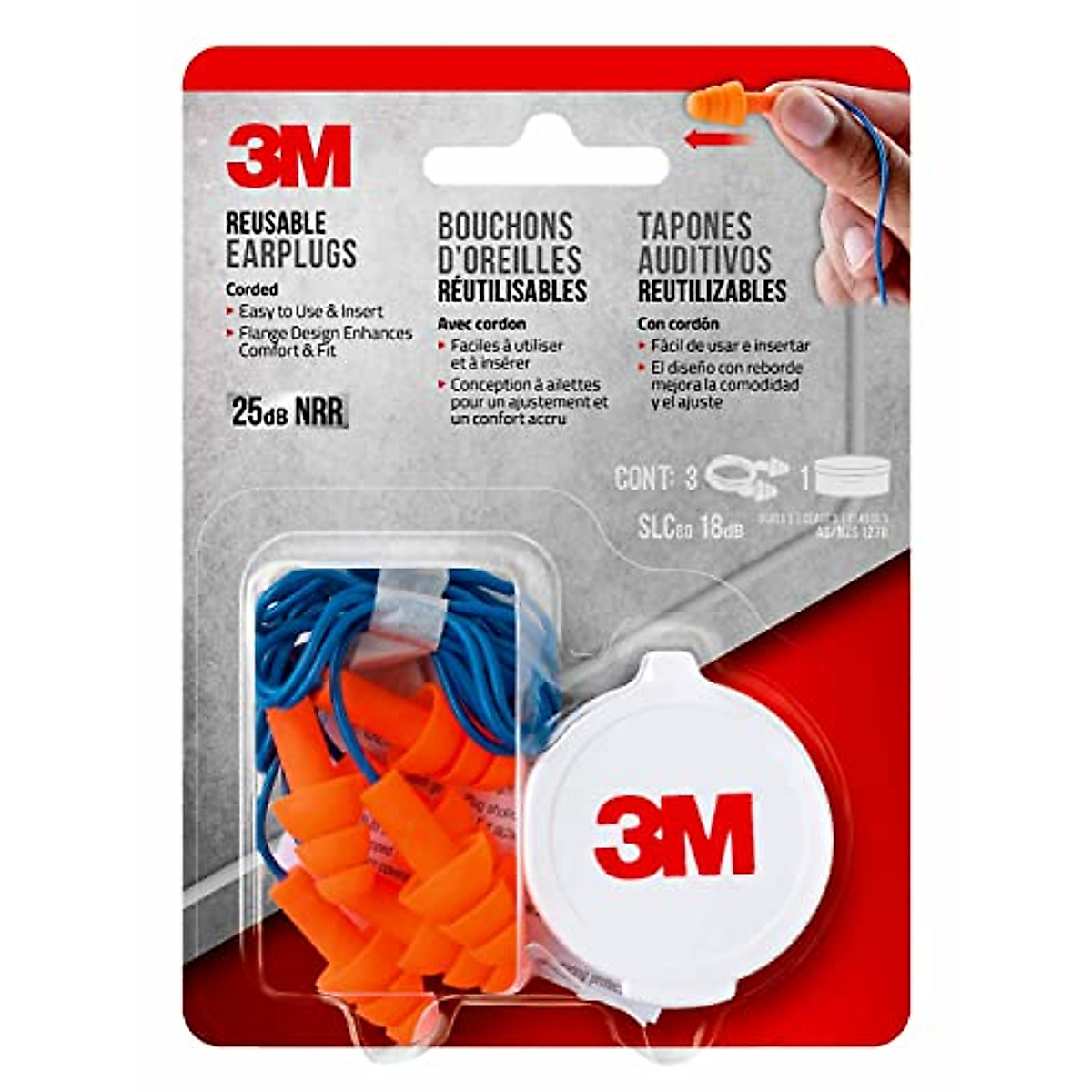 3M Corded Reusable Earplug, 3-Pair with Case, Orange/Blue