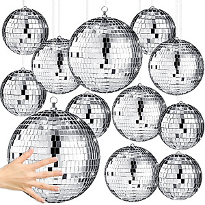 Libima 12 Pack Large Disco Ball Bulk Silver Hanging Mirror Ball Ornament Different Size for Stage Club Christmas Party Decoration(12'', 8'', 6'', 4'')