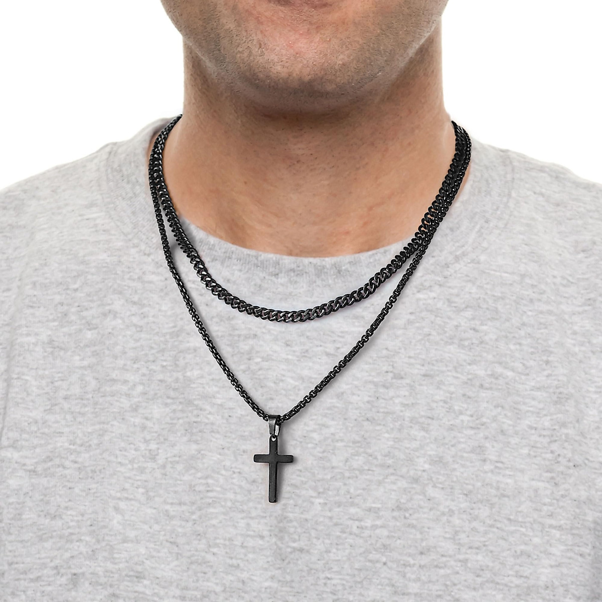 Ursteel Cross Necklace for Men, Mens Cross Necklaces Black Stainless Steel Cross Necklace Chain for Men Layered Cuban Link Chain for Men 20-22 Inch Mens Jewelry Gifts Cross Necklace