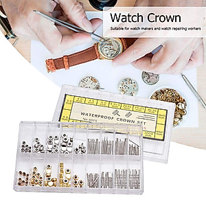 Watch Crown and Stem Set, Stainless Steel Watch Crown Spring Spare Parts Assorted Kit Watch Repair Tool Replacement Accessories with Storage Box, for Watchmaker Watch Repairing