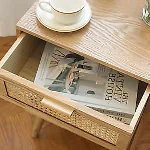 MaxSmeo Rattan Nightstand Small Side Table, End Table Living Room Modern Nightstand, Wood Nightstand with Drawers and Open Shelf (Natural Walnut)