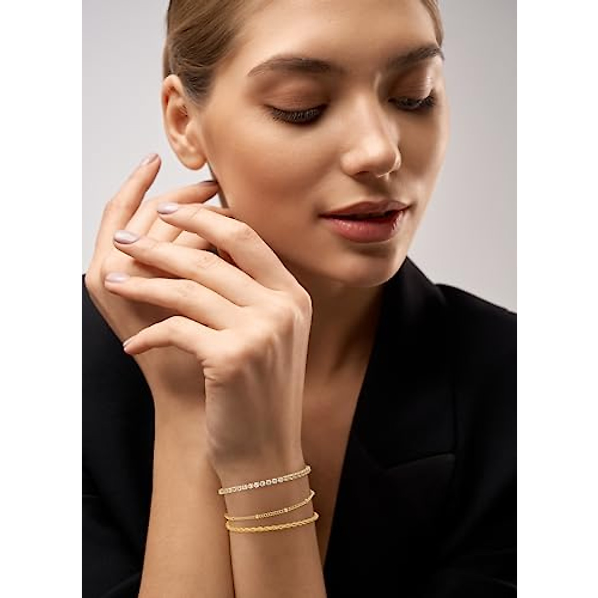 6Pcs Gold Chain Bracelet Sets for Women, 14K Gold Plated Bracelets for Girls, Jewelry Bracelets Set for Gifts, Cuba Paperclip Link Bracelets Set, Adjustable Bracelets with Rhinestone Pendant, 7.09'' and 1.9'' Extension