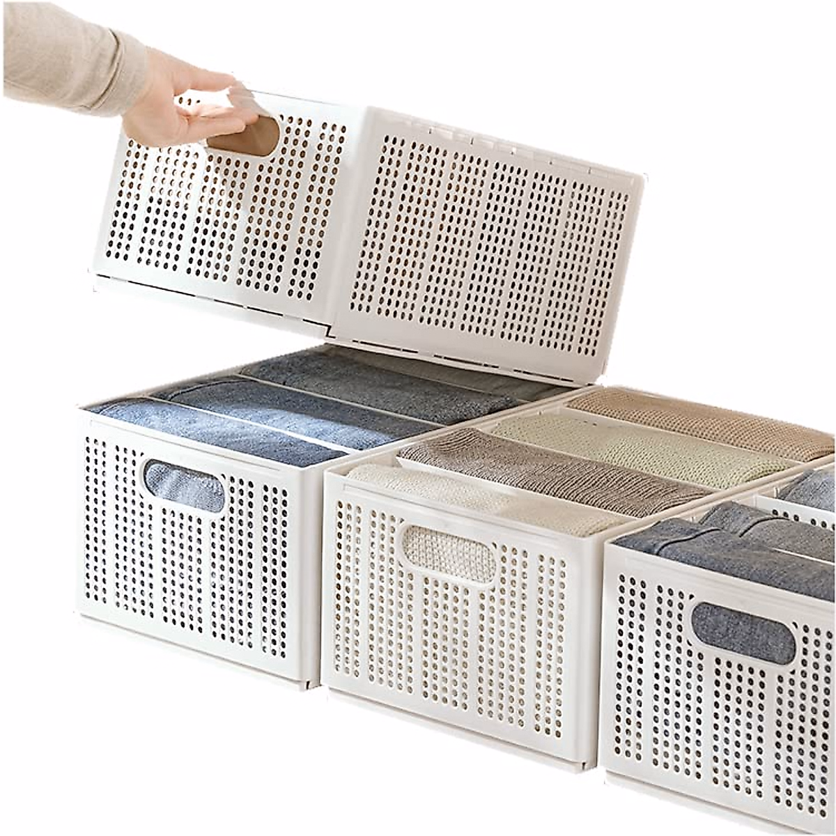 OMSORG Clothes Organizer for Folded Clothes, Plastic Storage Basket with Removable Partitions, Stackable Wardrobe Clothes Organizer Closet Storage Bins, for Bedroom Bathroom Home Organization (Large Rectangular X 4)