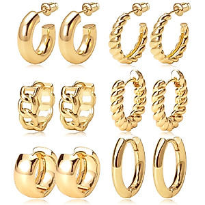 Gold Hoop Earrings Set 14k Gold Plated Huggie Earrings Hypoallergenic Chunky Thick Jewelry for Multiple Piercing Christmas Gift for Women