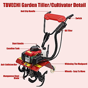 Garden Tiller/Cultivator 63CC 4-Stroke Gas Powered Hand Rotary Front Tine Tiller Rototiller Garden Tool Cordless, Gear Drive Transmission, Adjustable Tilling Depth