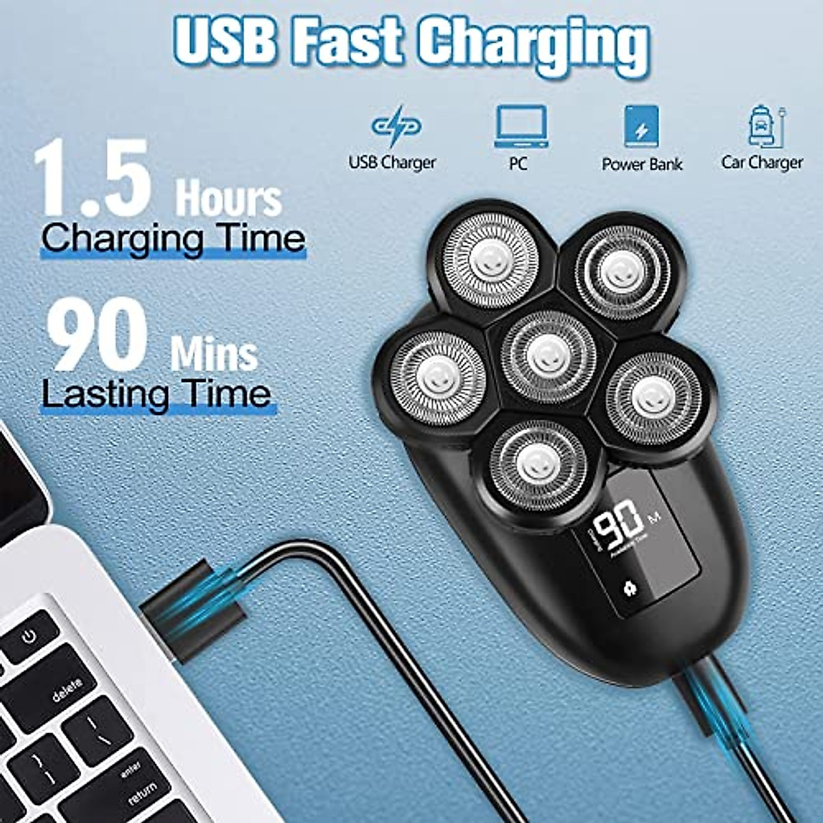 Head Shaver for Bald Men,6-in-1 Electric Shaver for Bald Head 6D Wet/Dry Waterproof Mens Electric Razor Skull Head Shavers Mens Grooming Kit Cordless Rechargeable Face Head Shaving Rotary Shaver