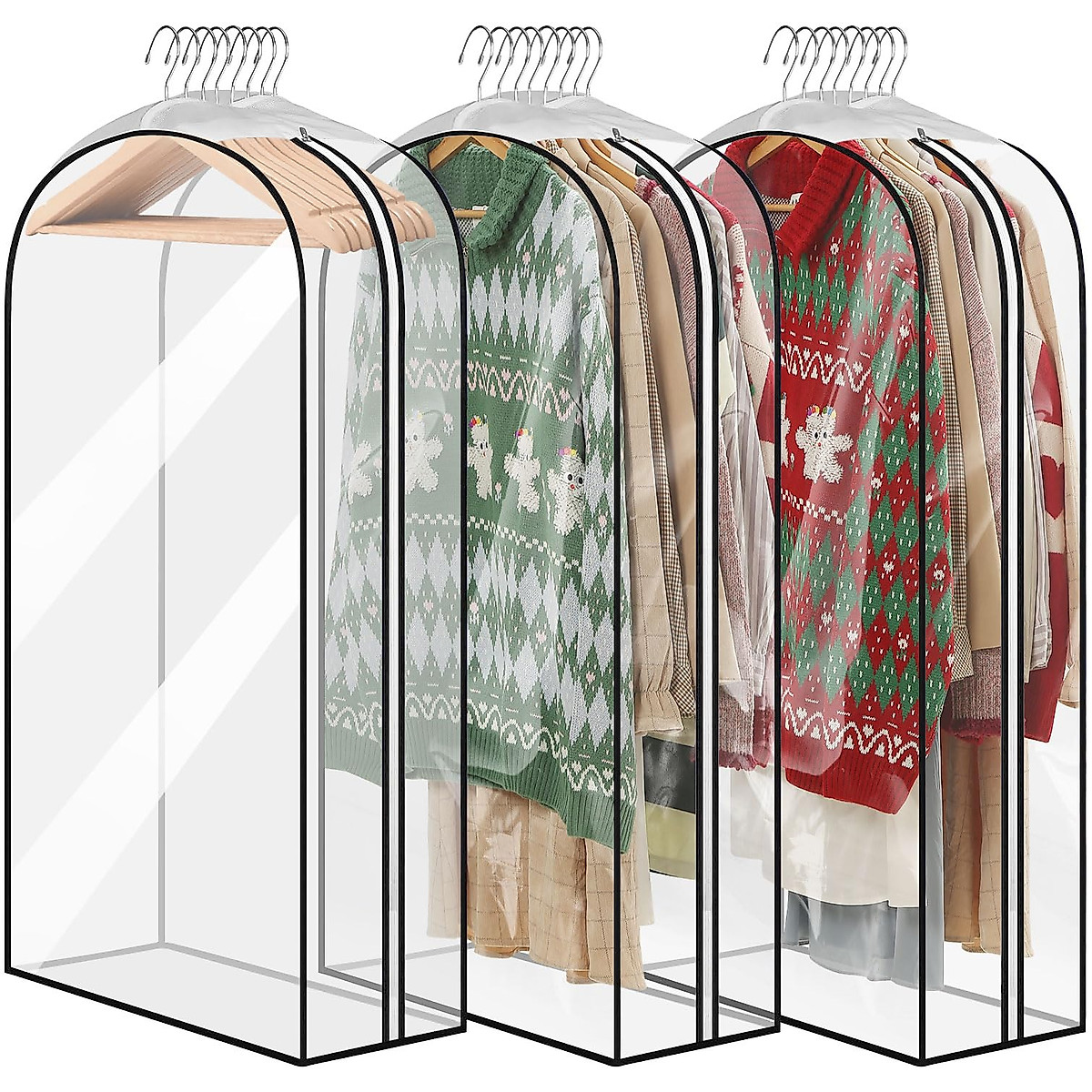 3 Pack - Moucas 10" Gusseted All Clear Garment Bag, 43" Suit Bags for Closet Storage, Garment Bags for Hanging Clothes, Garment Covers with Side Zipper for Coats, Jackets, Shirts