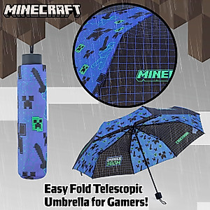 Minecraft Kids Folding Umbrellas, Durable & Compact Umbrella, Windproof Travel Umbrella for Boys and Girls (Black/Blue)