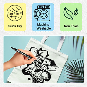 Reaeon Black Fabric Markers, Dual Tip Fabric Paint Markers, Permanent Fabric Pens for Clothes, T Shirts, Canvas, Bags (6pack)