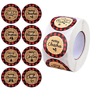600 Pieces Merry Christmas Stickers Buffalo Plaid Kraft Stickers 2 Inch Christmas Round Labels for Decoration Present Sealing, 8 Styles (Red and Black Plaid)