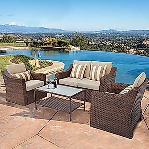 SUNCROWN 4-Piece Outdoor Patio Furniture Conversation Set Rattan Wicker Chairs and Glass Top Table All-Weather and Thick Cushions - Brown