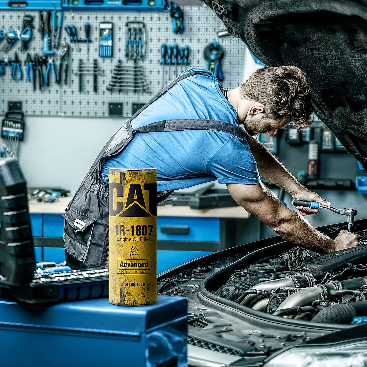 Unique Gifts For Men - Alfaro Yellow CAT 1R 1807 Engine Oil Filter Skinny Tumbler with Lid, Stainless Steel Double Wall Cups, Insulated Travel Coffee Mug