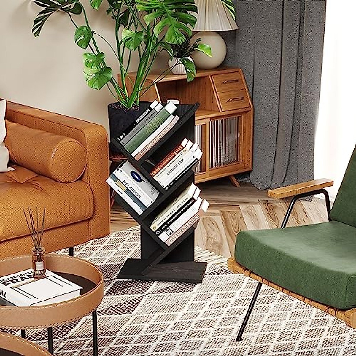 YMYNY 4 Tiers Tree Bookshelf, Floor Standing Bookcase, Wooden Book Storage Organizer, Small Bookshelf for Bedroom, Living Room, Office, Display Rack for CDs/Magazine/Books, Black, 23.6" H, UHBC014B