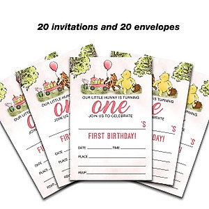 Dolimifa Pink Winnie the Pooh 1st Birthday Invitations Fill in Style Classic Winnie the Pooh First Birthday Invites, 20 Count With Envelopes