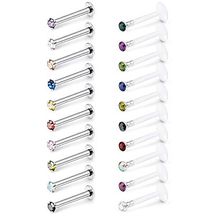 SCERRING 20PCS 16G 8mm Acrylic & Stainless Steel Labret Monroe Lip Ring Tragus Nail Helix Earring Stud Piercing Jewelry with 2mm 4-Prong-Setting Mix Color CZ