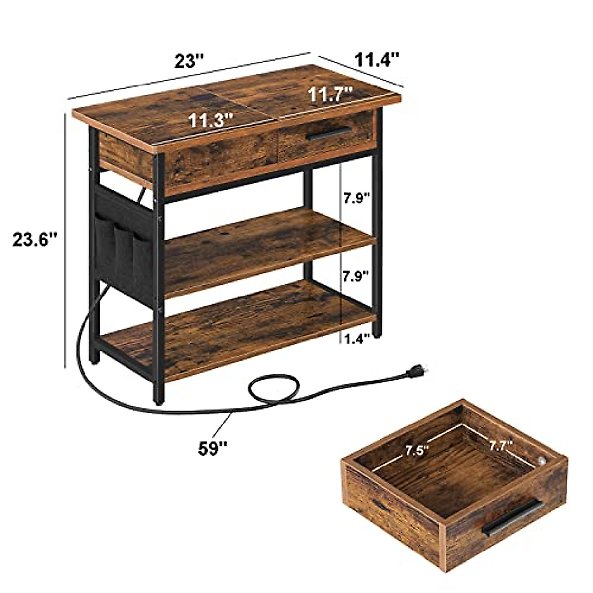 MASHOOPS Narrow End Table, Side Table with Charging Station, End Table with USB Ports and Outlets, Nightstand with Charging Station, Side Tables Living Room, Bedroom, Rustic Brown