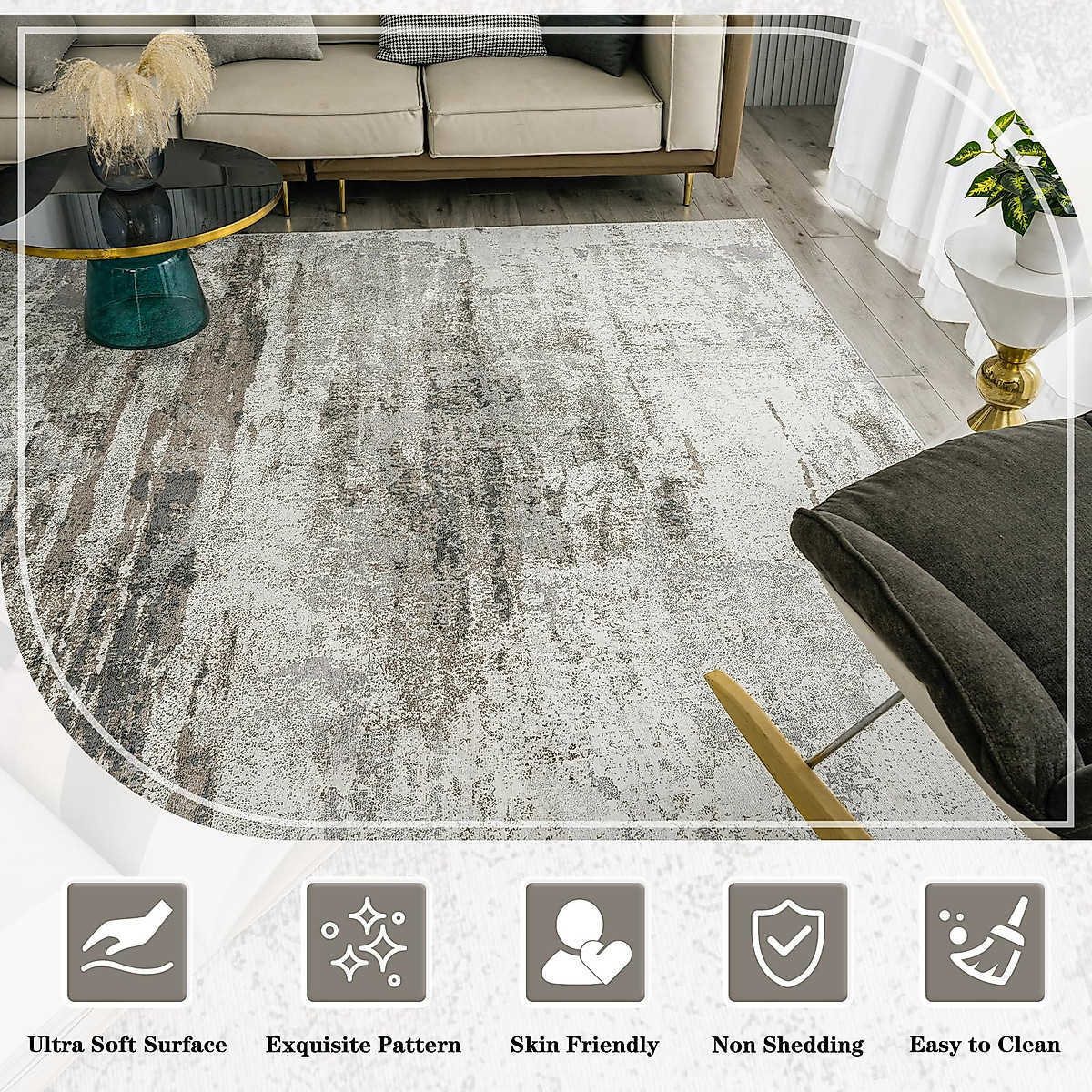 OMERAI Washable Rug 8'x10' Abstract Machine Washable Rugs Ultra-Thin Area Rugs for Living Room Non Slip Stain Resistant Modern Large Carpet for Bedroom Dining Room Office Brown Rug Washable,(Brown)