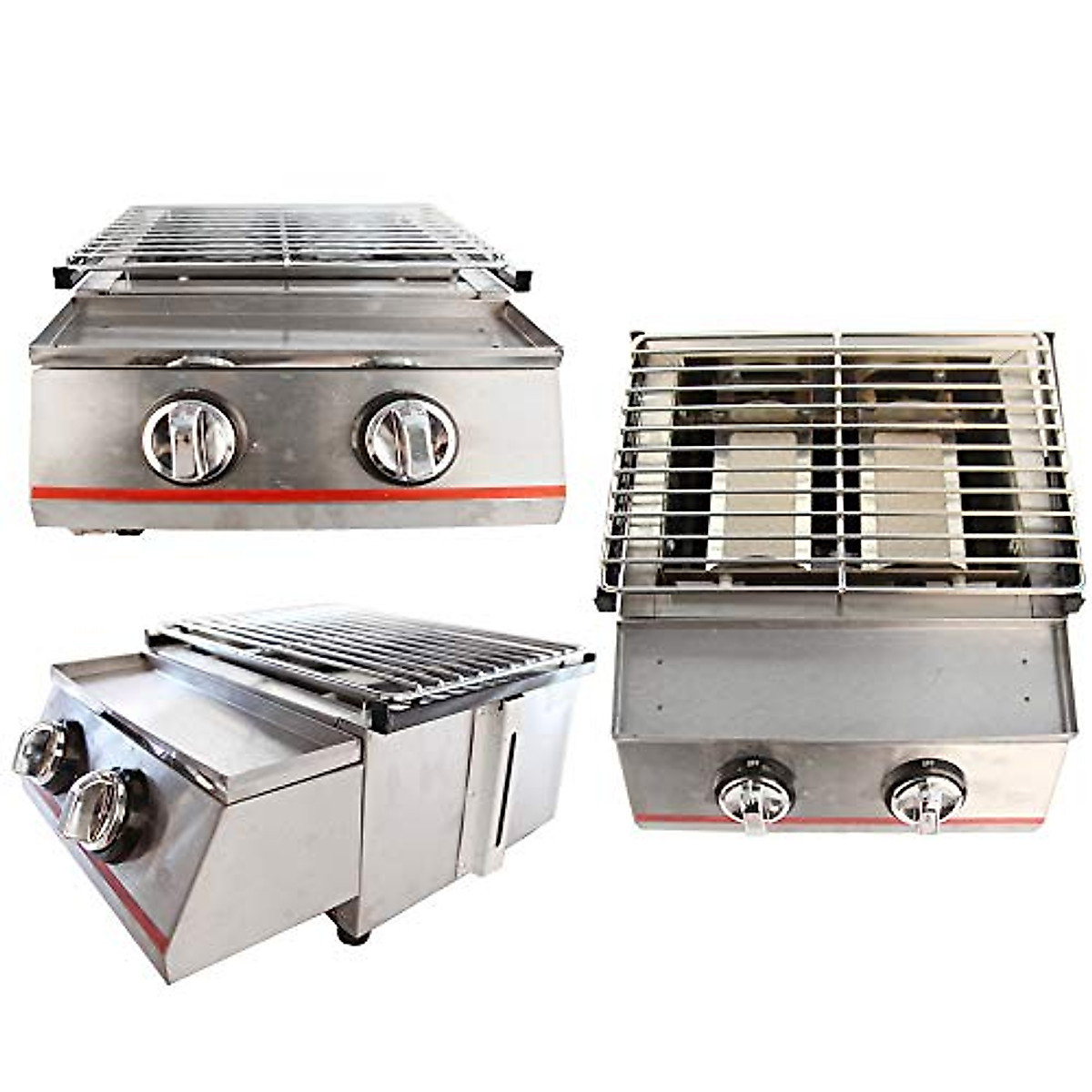 2 Burner Gas Tabletop Griddle, Commercial Gas BBQ Grill 2800Pa Stainless Steel Gas Grill for Outdoor Camping Party Tailgating (2-Burner)