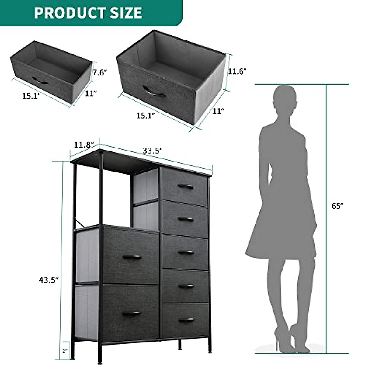 YITAHOME 7-Drawer Fabric Dresser, Furniture Storage Tower Cabinet, Organizer for Bedroom, Living Room, Hallway, Closet & Nursery, Sturdy Steel Frame, Wooden Top, Easy-to-Pull Fabric Bins(Charcoal)