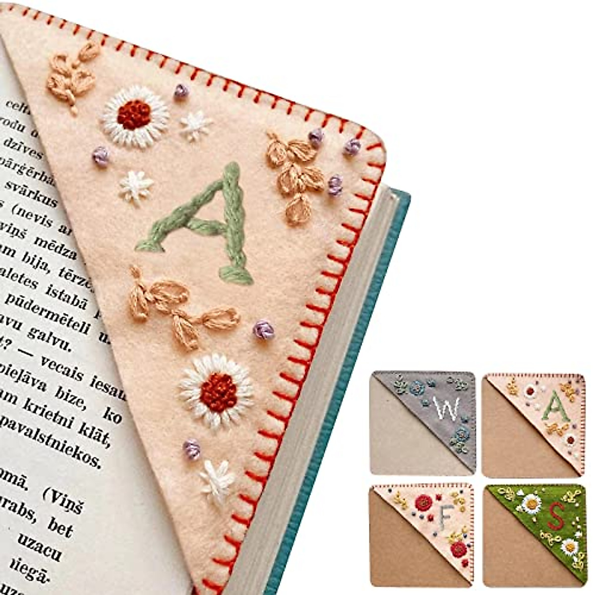 Lifemaison Personalized Hand Embroidered Corner Bookmark,Felt Triangle Page Stitched Corner Handmade Bookmark,Unique Cute Flower Letter Embroidery Bookmarks Accessories for Book Lovers