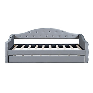 Harper & Bright Designs Twin Daybed with Trundle and USB & Type-C Charging Ports, Modern Upholstered Daybed Frame, Velvet Twin Sofa Bed Frame for Living Room, Bedroom, Gray