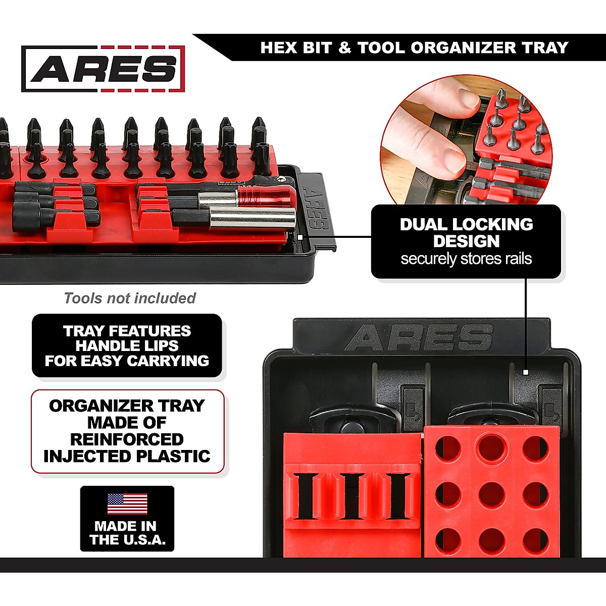 ARES 62052 – Hex Bit and Tool Organizer Tray – Large Capacity Organizer Holds Hex Bits, Drill Bits, Extensions, Adapters, and More – Oil and Solvent Resistant Material - Made in USA