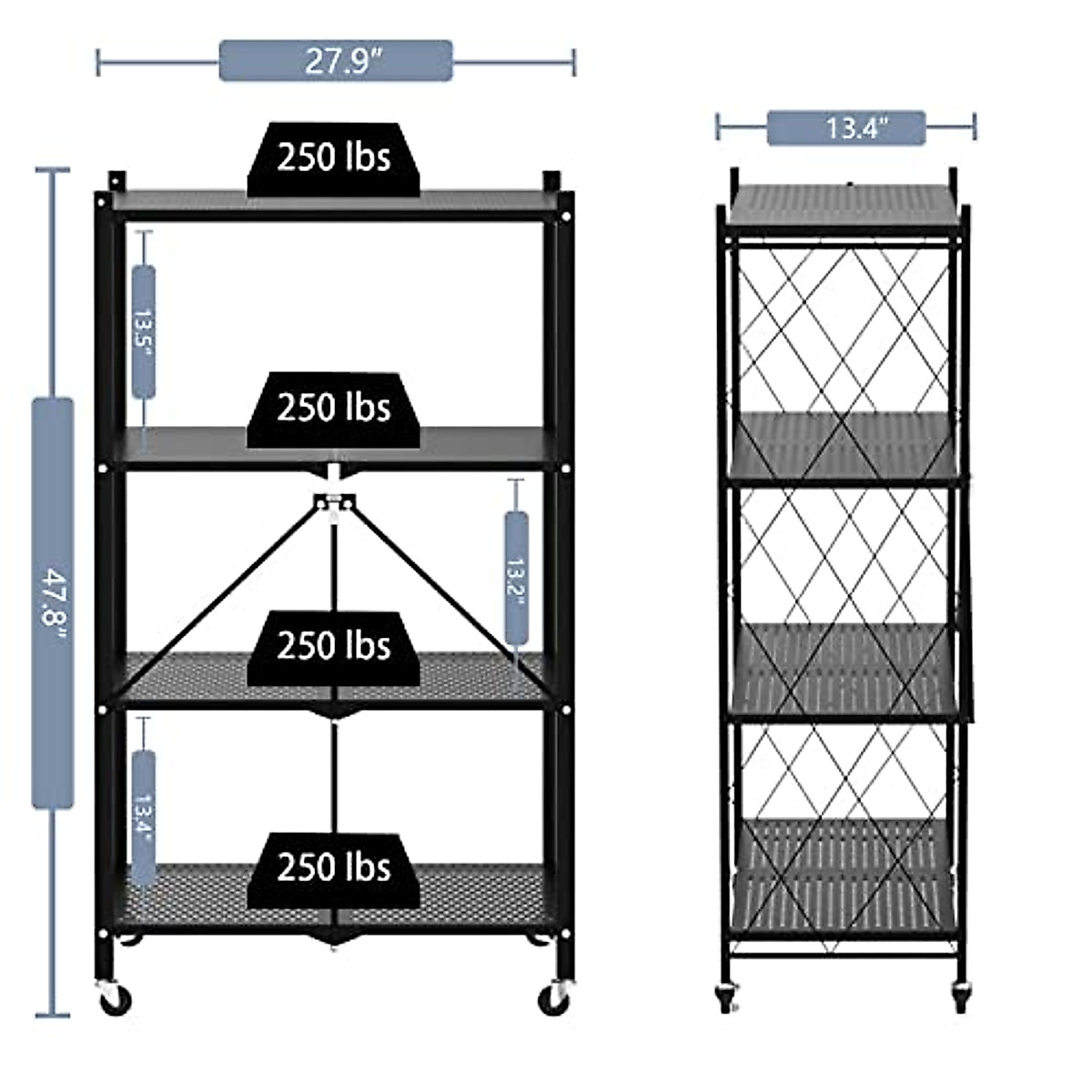 MYDENIMSKY 4 Tier Storage Shelf, Heavy Duty Foldable Shelving Units with Wheels, Metal Storage Rack, Wire Shelving Units No Assemble Required, Moving Easily Great for Laundry Garage Kitchen, Black