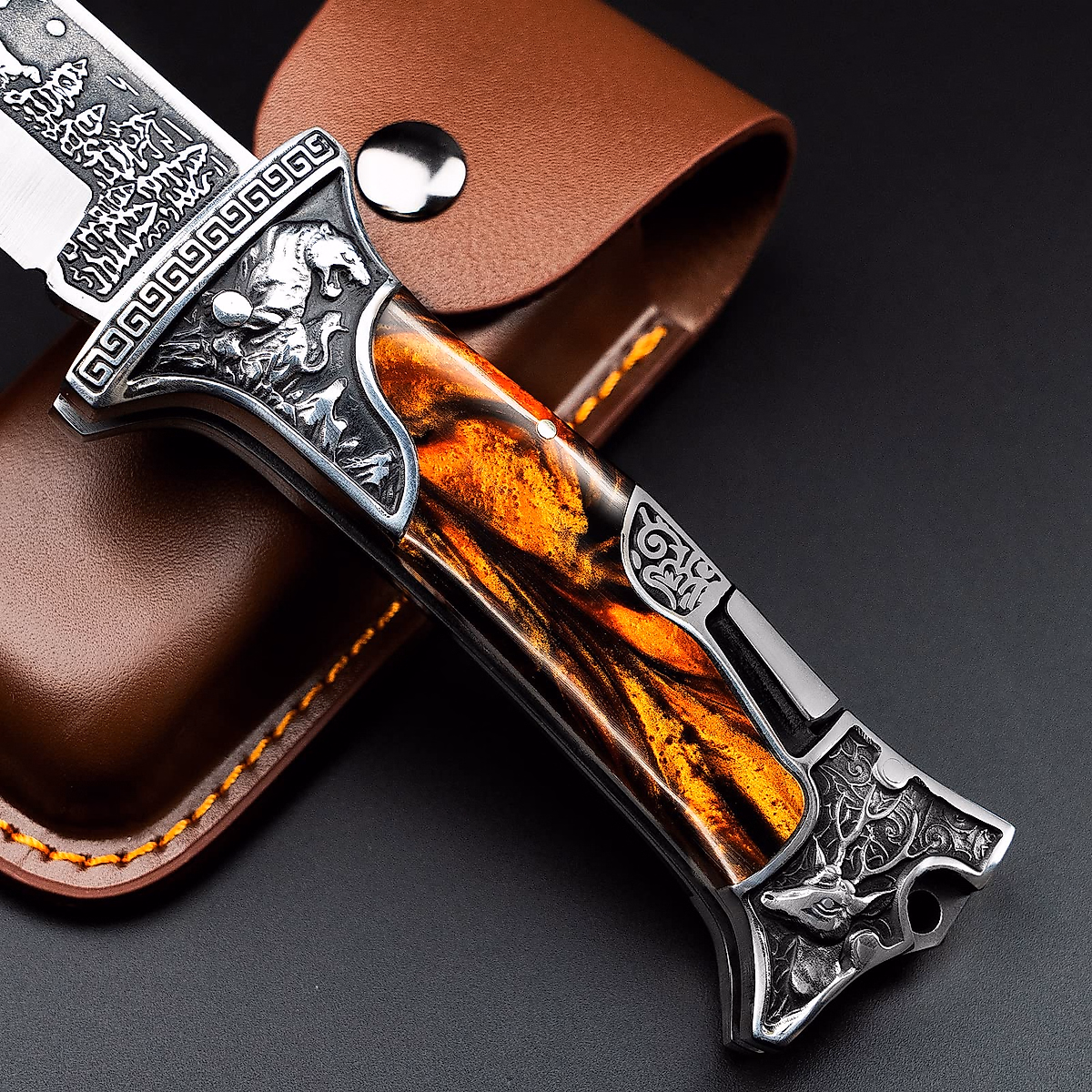 NedFoss TIGER ROAR Pocket Knife for Men, 3.5 inch Engraved Unique Folding Knife, Pocket Knives with Holster, Cool Knives, Personalized Gifts for Men