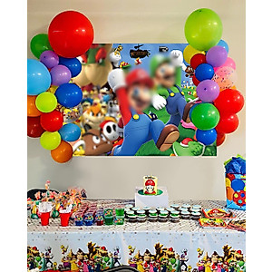 Super Brother Backdrop Children Fans Birthday Party Supplies Decoration Background Boy Adventure Theme Cartoon Video Game Shooting Banner Family Cake Table Photo Props (7x5FT(210x150cm))