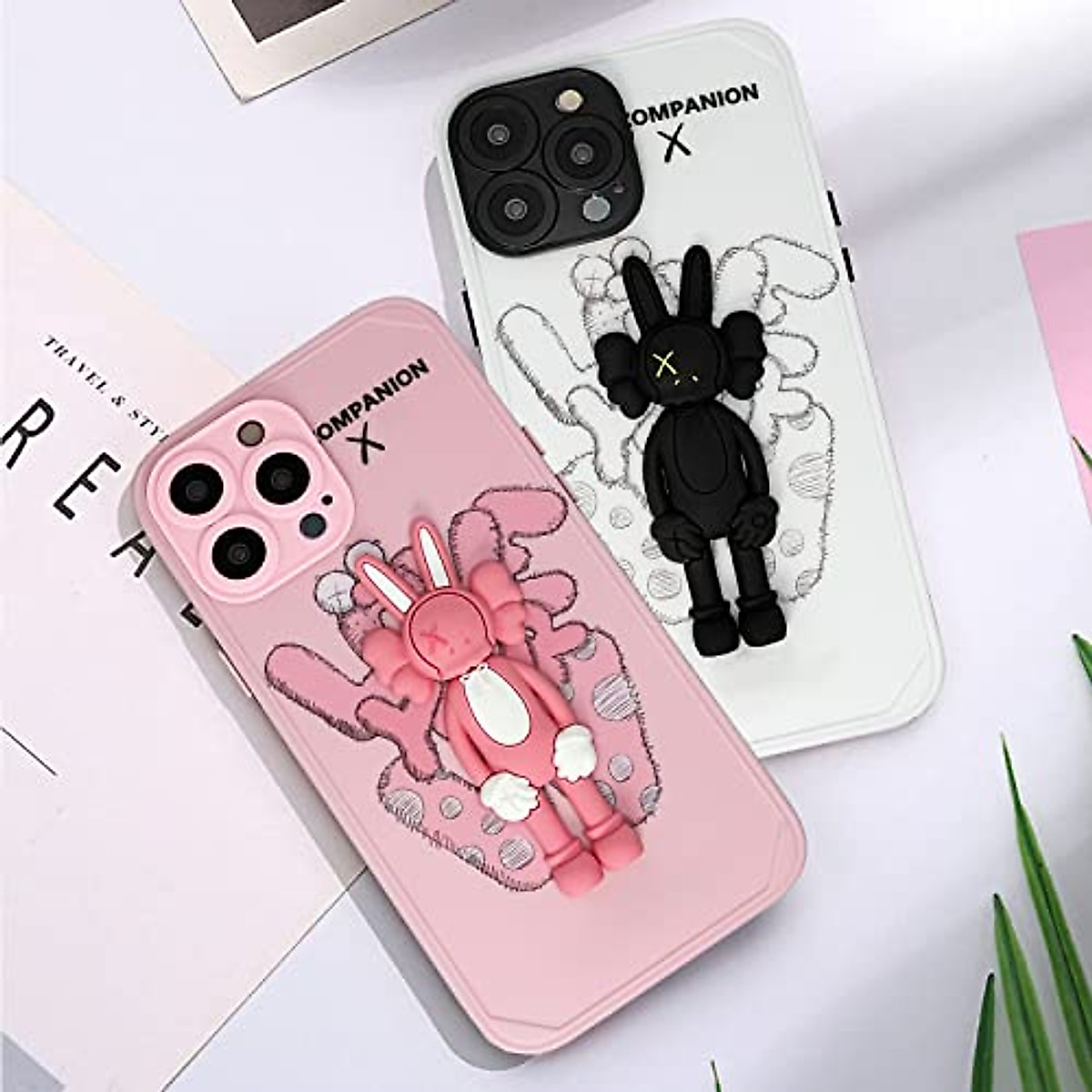 DOWINTIGER Compatible with iPhone 13 Pro Max Case Cute Designer Women Girls, Kawaii Cartoon 3D Bunny Pattern Street Fashion TPU and IMD Protection Cover for iPhone 13 Pro Max - Pink
