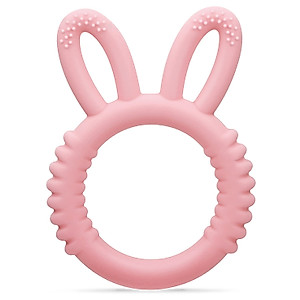 MISSLILI Silicone Babies Teethers Baby Teething Toys for Soothe Massage Sore Gums for 3-12 Months Infants, BPA Free, Ring Shape Rabbit Ear Design (Pink)