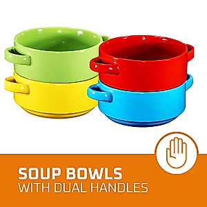 Bruntmor Soup Crocks with Handles, Porcelain Ceramic Bowls, for Rice, Dessert, Pasta, Dishwasher, Microwave, Oven & Broil Safe, Set of 4,Easy to clean, Ideal for Christmas Gifting, 19 oz (Multicolor)
