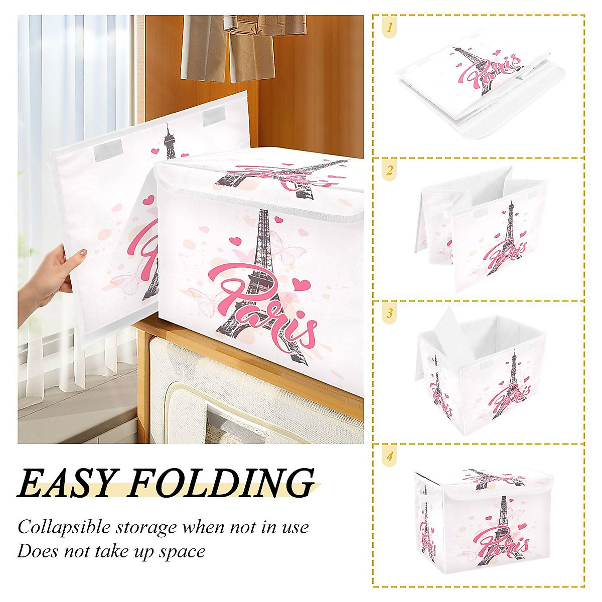 SUABO Paris Eiffel Tower Storage Bin with Lid, Pink Large Oxford Cloth Butterfly Love Storage Boxes Foldable Home Cube Baskets Closet Organizers for Nursery Bedroom Office