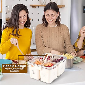 PYQTH Fruit Storage Containers for Fridge, Portable Divided Food Storage Containers with Lid and Handle, BPA-Free Saver Refrigerator Food Organizer Bins with 1 Brush for Veggies Fruit, 4 Compartments