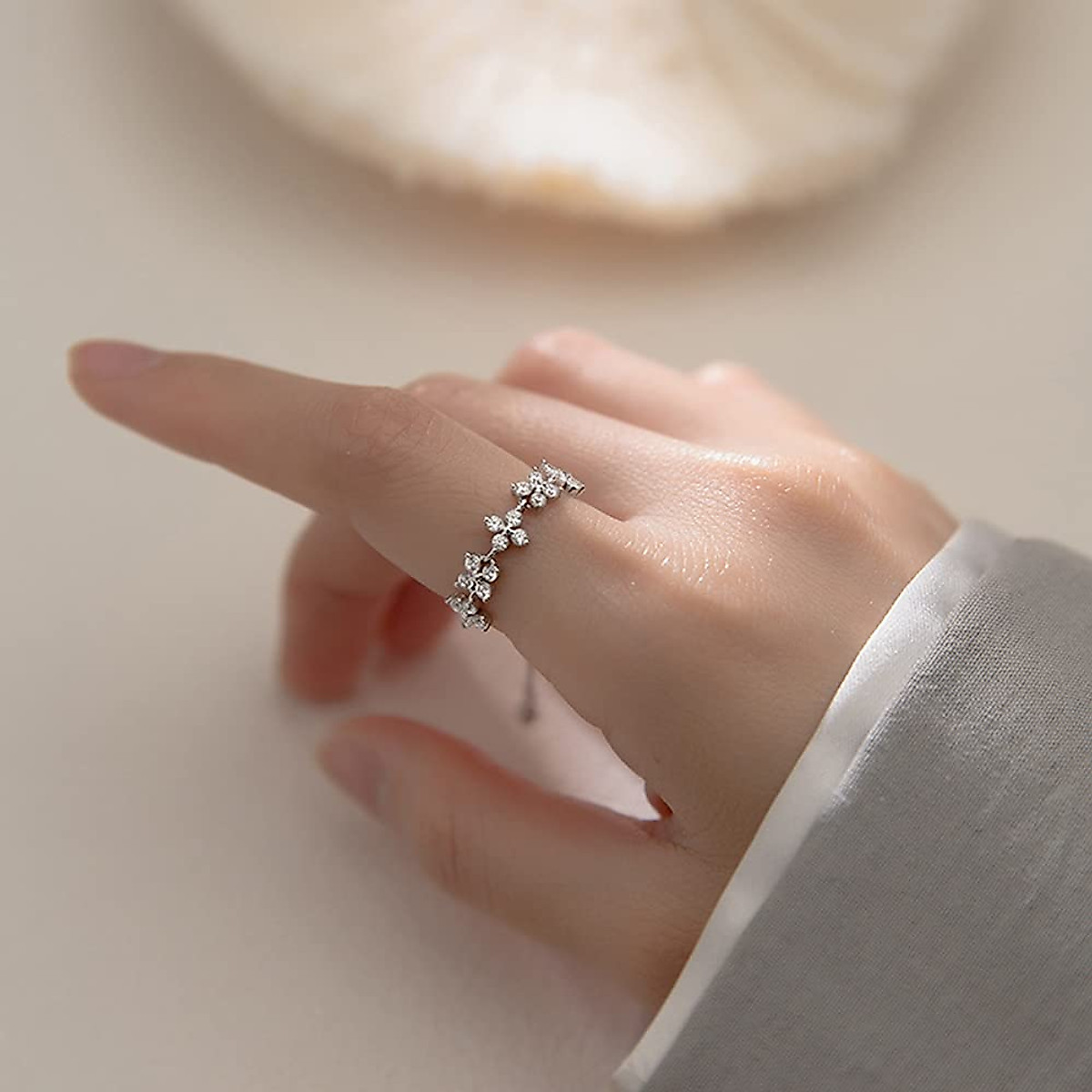 Dainty Flower Finger Rings Sterling Silver 925 for Women Cute Cubic Zirconia Crystal Adjustable Threader Tassel Chain Ball Statement Stacking Ring Tail Band Jewelry Gifts BFF