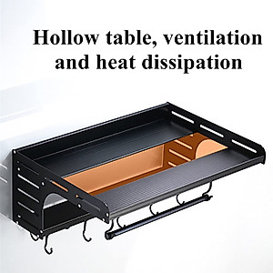 YYDSJFM Aluminum Microwave Oven Wall Mount Double Deck Shelf with Hooks,Kitchen Organizer Storage Holder Oven Bracket Wall Mounted Thickened (Black)